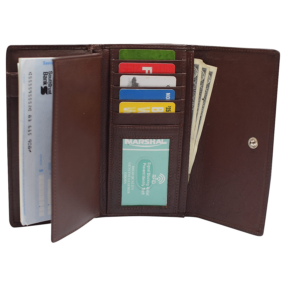 MARSHAL Womens RFID Genuine Leather Wallet Clutch Zip Around Checkbook Organizer for Ladies (Brown)