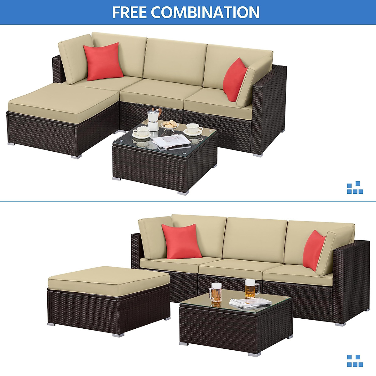 Yaheetech Patio Furniture Set, 5-Piece Outdoor/Indoor Rattan Wicker Sofa Set w/Glass-top Table & Cushions, All-Weather Conversation Lounge Set for Porch/Yard/Poolside/Balcony - Brown/Khaki