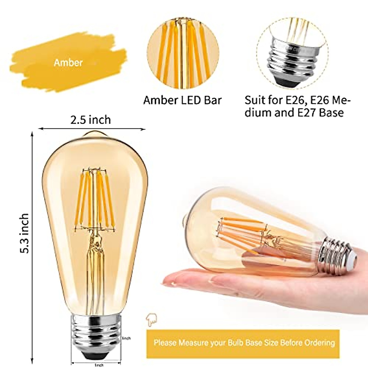 Brightown LED Edison Bulb, 10 Packs 60 Watt Equivalent 6W Dimmable LED Filament Bulb, E26 Base Vintage Amber Bulbs, 2700K Warm White, 470 Lumen