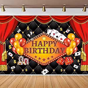 MEETSIOY Casino Birthday Backdrop Red Curtain Gold Tassel Photo Booth Card Chip Banner Decorated with Alaskan Party Photo Supplies 5x3ft RBJGJMT151