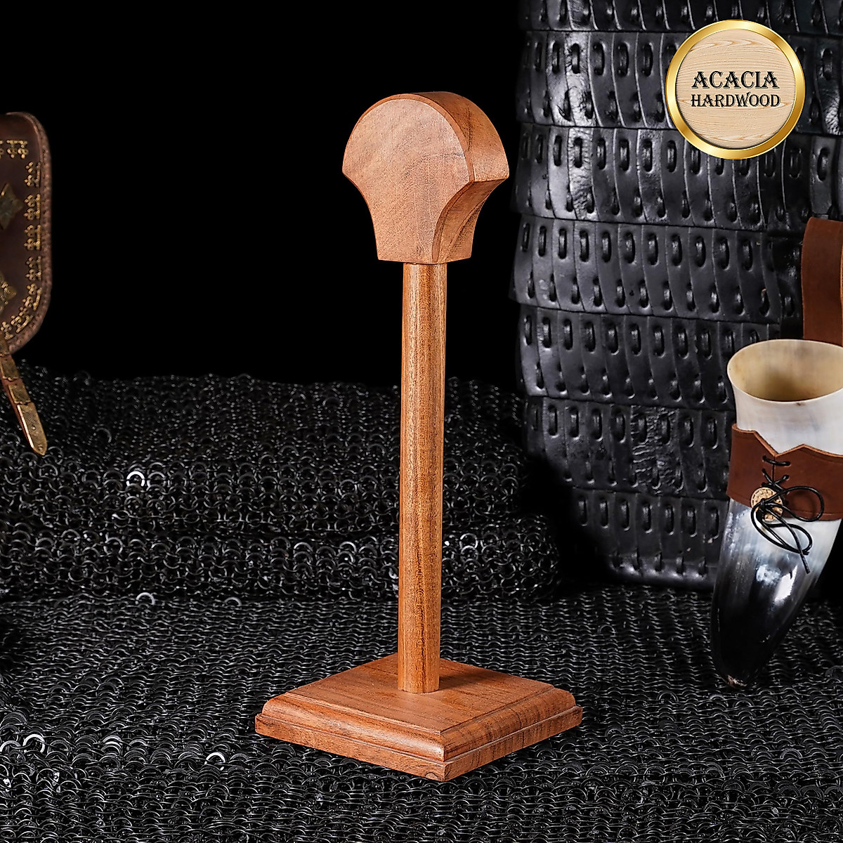 Mythorjan Wooden Helmet Stand Display Decor Stand For – Spartan, Templar, Motorcycle, Caps, Hat Decorative Desktop Hanger Rack LARP Helmet Stand,16 Inch - Black