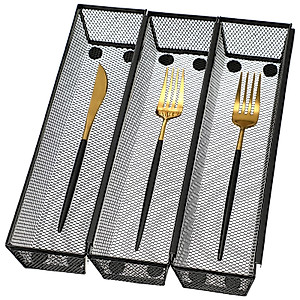 3 Pack Silverware Drawer Organizer Mesh Utensil Organizer for Kitchen Drawer, Silverware Tray with Interlocking Arm Narrow Utensil Holder for Flatware Spoon Knife Fork Pen, 12 x 3 x 2 Inch, Black