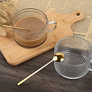4 Pcs Vintage Glass Coffee Mugs 14 Oz Clear Embossed Tea Cups with 4 Pcs Spoons Stackable Drinking Glasses for Cappuccino Water Milk Yogurt Beverage Gift for Family and Friends