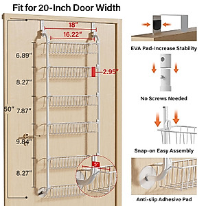 Delamu Over the Door Pantry Organizer, 6-Tier Pantry Organizers and Storage, Metal Cabinet Door Organizer, Hanging Spice Rack Shelves for Home & Kitchen, D5 x W18 x H50 inch, White