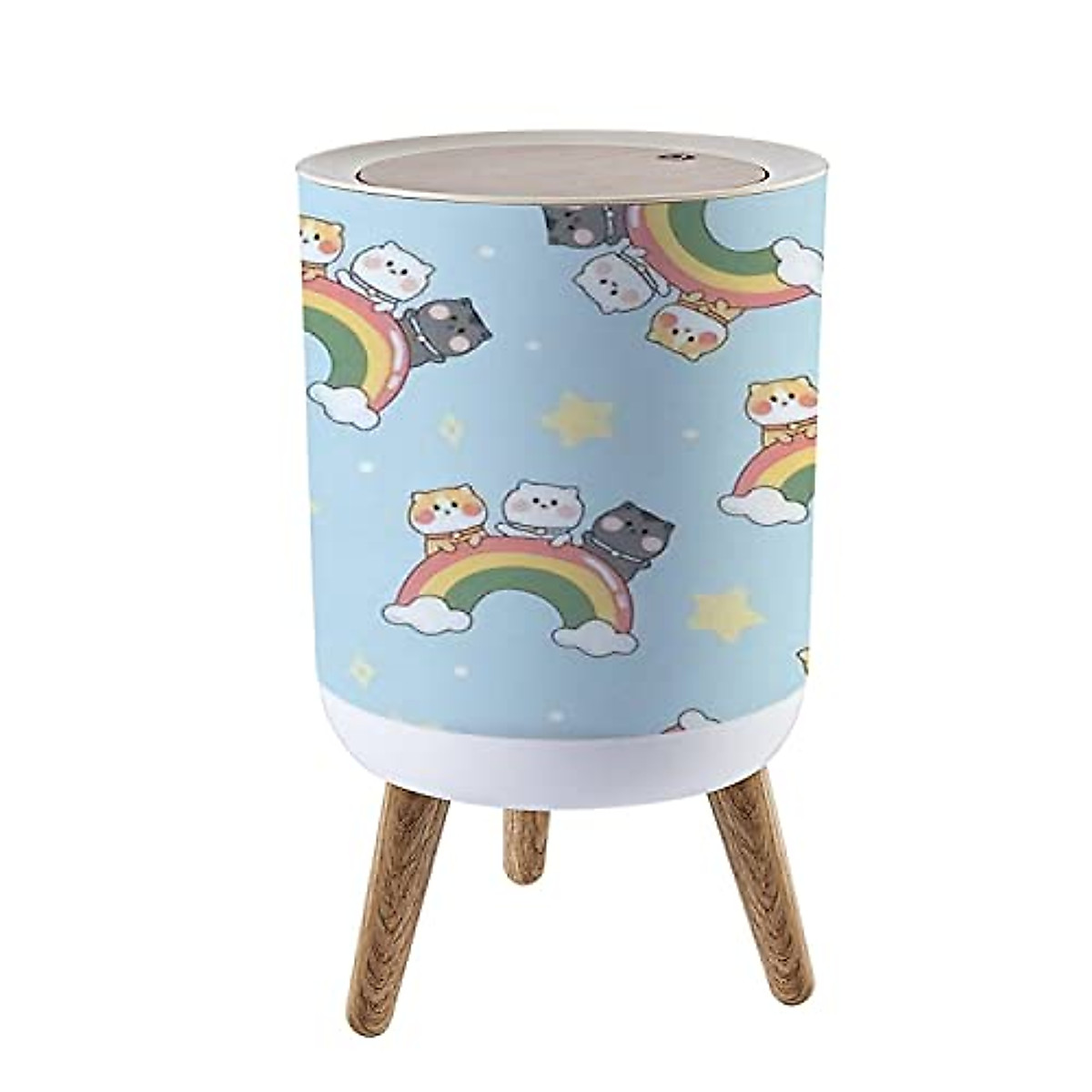 Trash Can with Lid Seamless Cute cat Rainbow Sky Animals Character Cartoon Design Press Cover Small Garbage Bin Round with Wooden Legs Waste Basket for Bathroom Kitchen Bedroom 7L/1.8 Gallon
