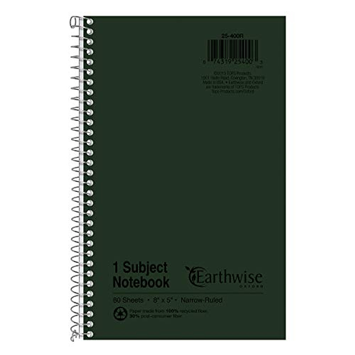 Ampad Single Wire Notebook, Recycled, Size 8x5, 1 Subject ,Green Cover, Narrow Ruled, Not 3 Hole Punched, 80 Sheets per Notebook (25-400R)