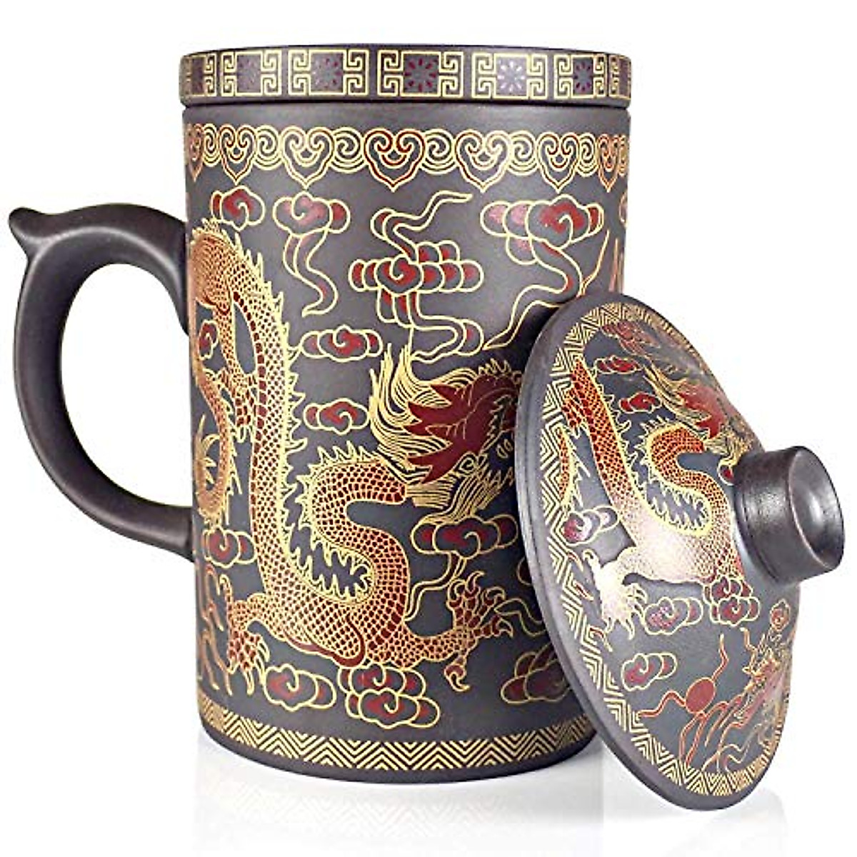 25DOL Chinese Tea Mug with Infuser and Lid 10Oz | Chinese Yixing Purple Clay Coffee Mug | Chinese Mug with Lid | Chinese Dragon Mug | Chinese Tea Infuser Mug | Travel Mug | Retain Heat very well