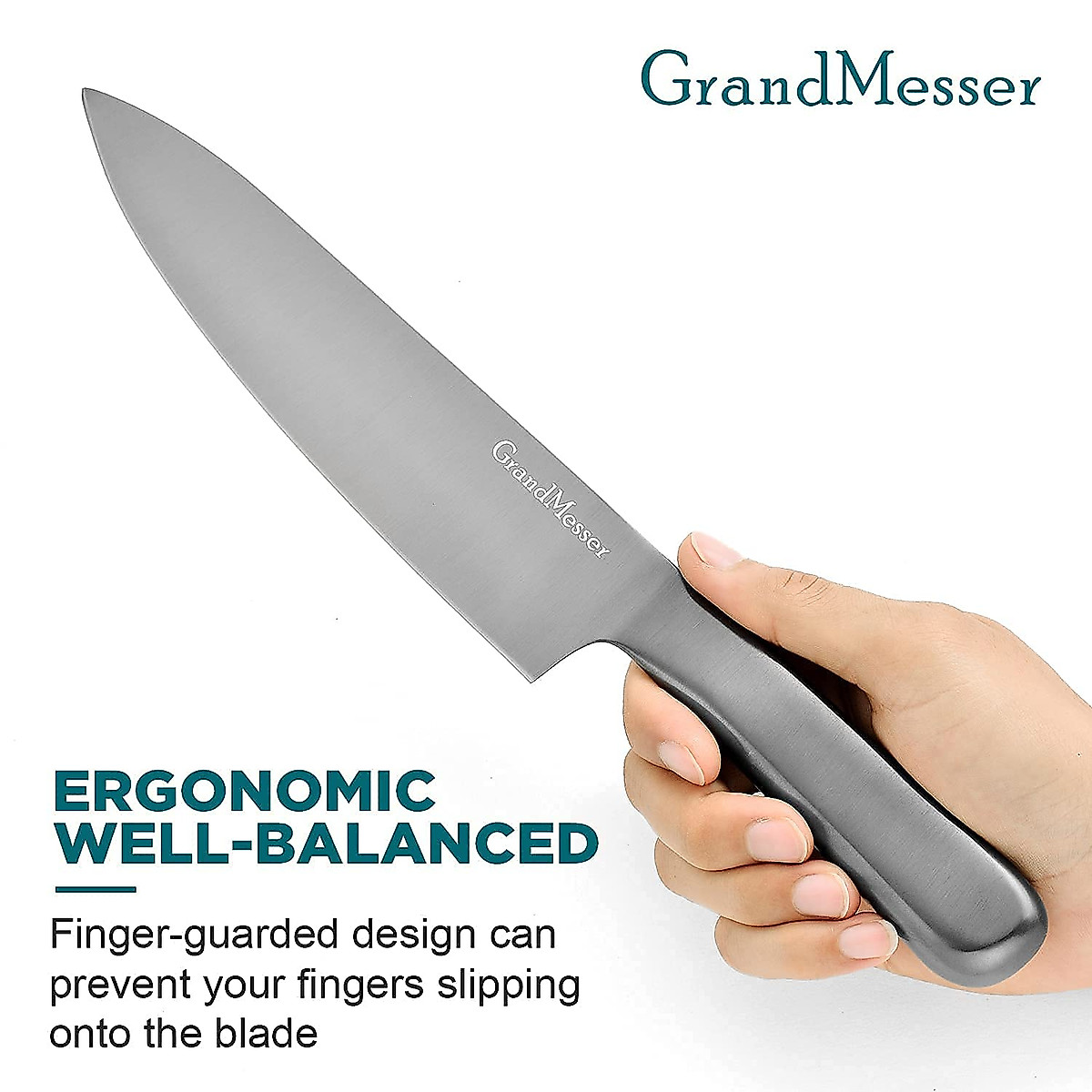 Cooking Chef Knife, 8 Inches Carbon Stainless Steel Kitchen Knife with Sharpener and Ergonomic Handle, Chopping Knife for Professional Use（Matte Stainless）