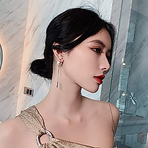 Big Simulated Pearl Long Tassel Drop Earrings for Women Double Sided Front Back Cross Imitation Pearl Dangle Earrings