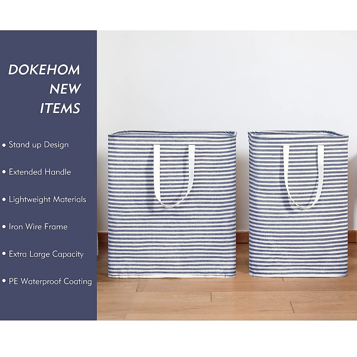 DOKEHOM 80L Freestanding Laundry Hamper with Handle, Collapsible Large Cotton Storage Basket for Clothes (Blue)