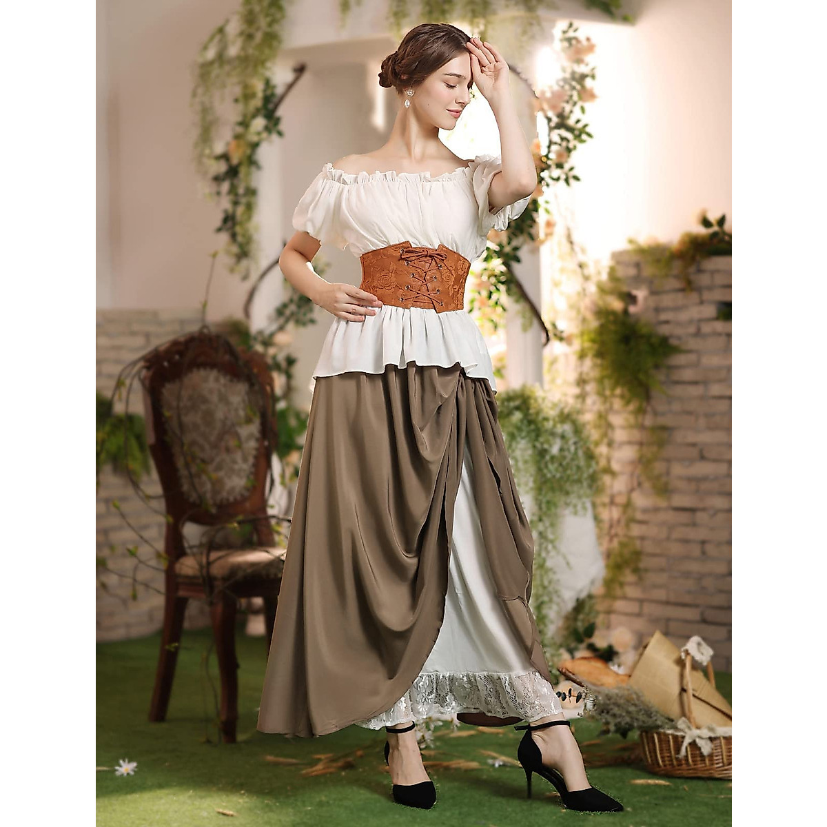 Scarlet Darkness Womens Maxi Skirt Victorian Renaissance High Waisted Double Layer Skirts Brown S