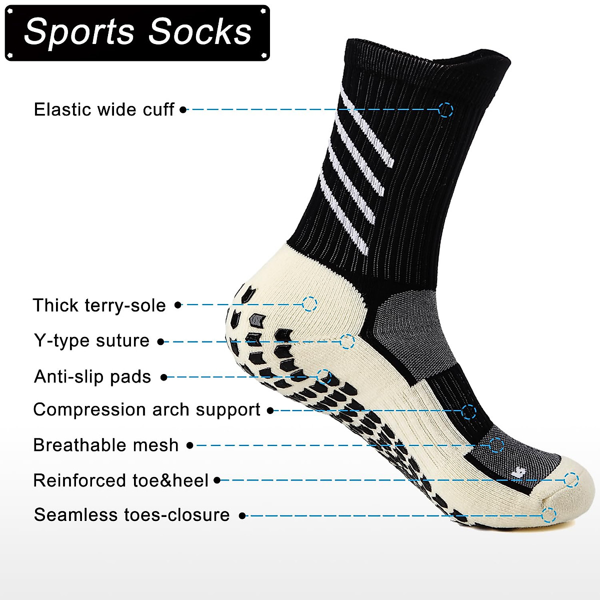 Anti-slip Sock Men Women Non-slip Soccer Basketball Tennis Sport Sock Grip Black Large
