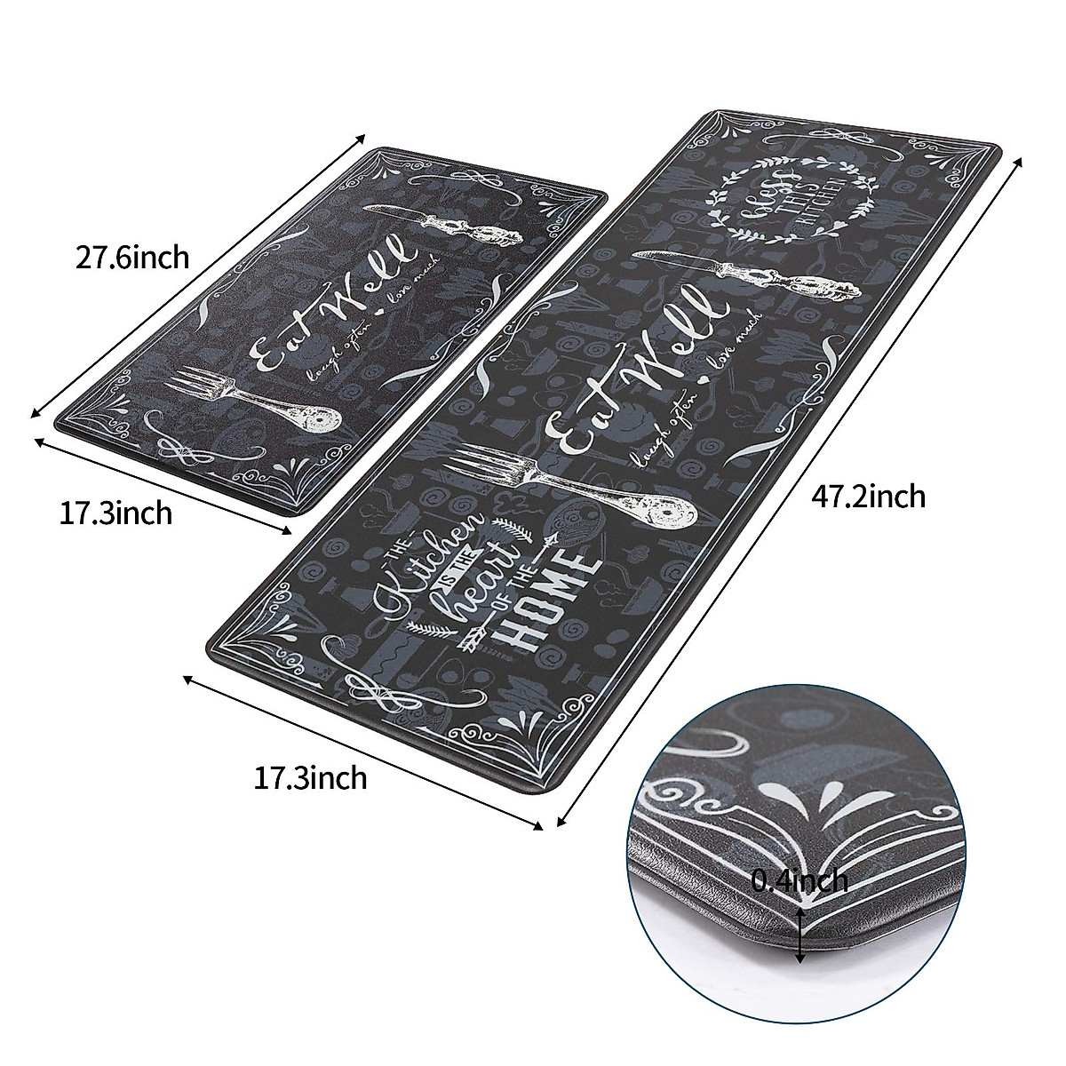 Asrug Anti Fatigue Comfort Kitchen Standing Desk Mat Decorative Ergonomic Floor Pad Kitchen Rug Waterproof Stain Resistance Non Slip Kitchen Set, 17.3''x27.6''+17.3''x47.2'', Eat Well