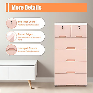 5 Tier Plastic Drawers Dresser Storage Tower with Wheels & Locks & 6 Drawers,Storage Organizer Rack Movable Storage Cabinet Closet for Bedroom,Living Room,Study(Pink)