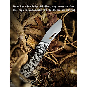 MecArmy EK3R EDC Pocket Folding Knife, Swedish SANDVIK 12C27 Steel Blade Hollowed-out Drop Blade Design, Stainless Steel Handle Pocket Clip, Outdoor Portable Camping Hiking Knife(Skull)