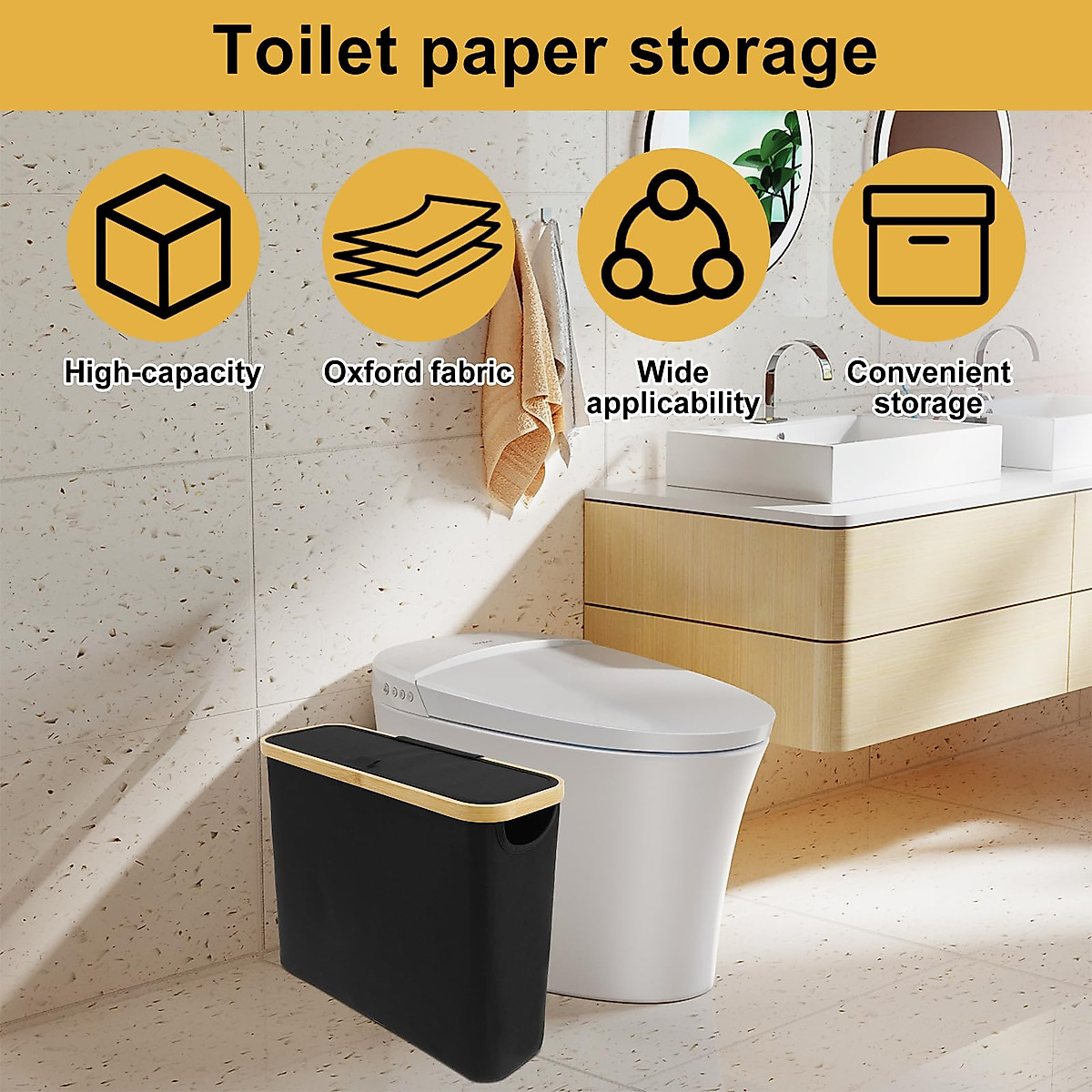 YLMFTNU Toilet Paper Basket with Lid, Toilet Paper Storage, Paper Roll Basket, Lightweight Toilet Paper Organizer Basket with Side Window, Foldable Toilet Paper Bin Holds up to 12 Toilet for Home