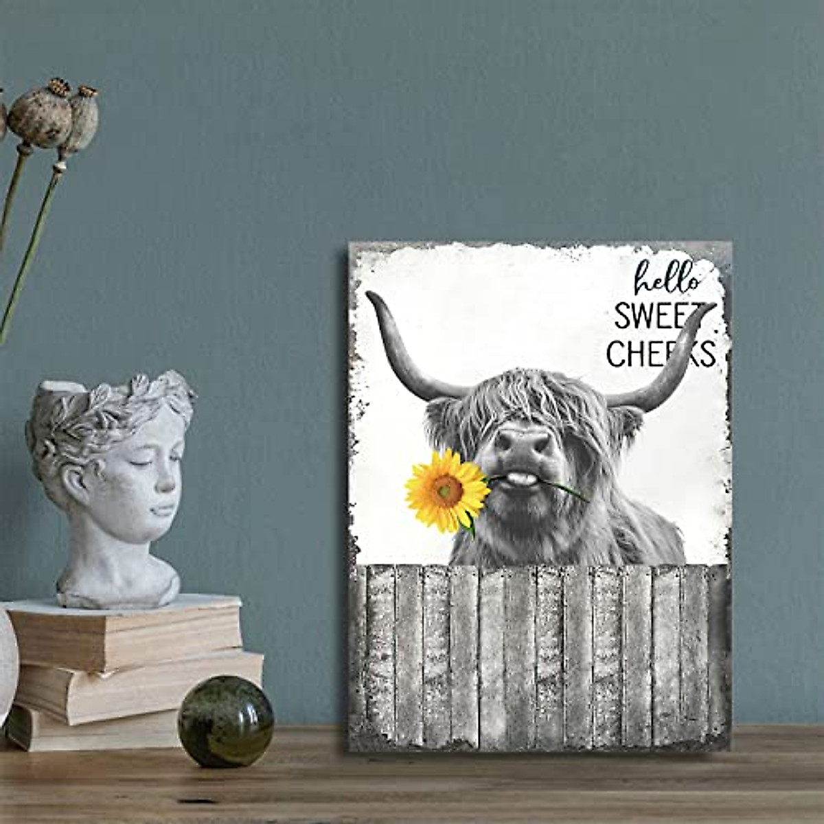 Bathroom Wall Art Highland Cow Farmhouse Bathroom Decor Sunflower Funny Bathroom Poster Rustic Canvas Print Painting Black and White Animal Pictures for Toilet Modern Home Framed Artwork 12"x16"