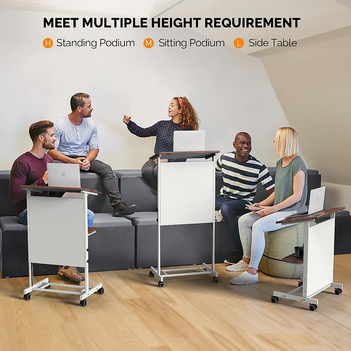 VINGLI Portable Podium Stand, Height Adjustable Lectern Podium with Shelf for Reports, Mobile Stand Up Lectern, Rolling Pulpits for Church with Edge Stopper (White/Brown, 24'' Wide)