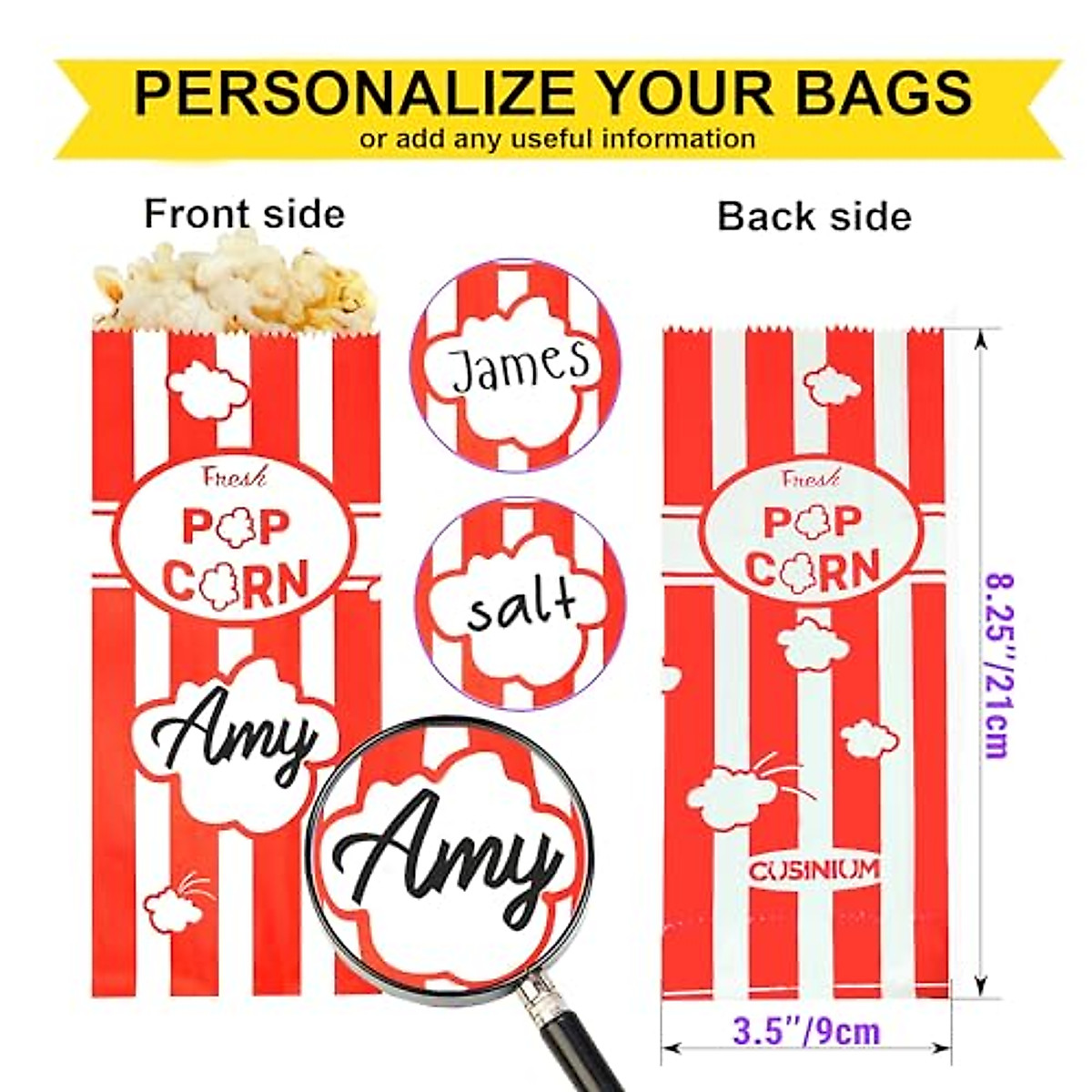 CUSINIUM Aluminium Popcorn Scoop - Popcorn Salt Shaker - [75 pcs] 1oz Popcorn Bags Bundle