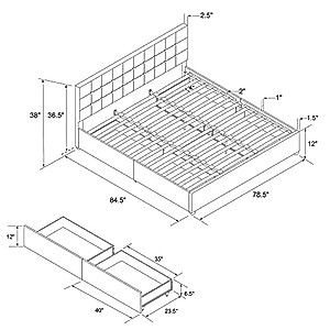 CosmoLiving by Cosmopolitan Serena Upholstered Bed with Drawers, Bedroom Storage, King, Light Gray Velvet