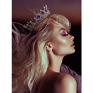 SWEETV Crystal Queen Crown for Women, Rhinestone Wedding Tiara Headband, Full Round Princess Crown Hair Accessories for Prom Birthday Costume Party, Royal Blue+Gold