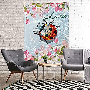 Personalized Ladybug on Pretty Flower Baby Blanket with Name Text Custom Newborns Infants Swaddling Blankets for Boys &Girls Shower Birthday Gift 30 X 40 inches