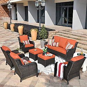 XIZZI Outdoor Furniture Patio Furniture Set 7 Pieces All Weather Wicker Patio Conversation with High Back Sofa Sectional and 2 Ottomans for Garden,Backyard and Deck,Brown Wicker Orange Red