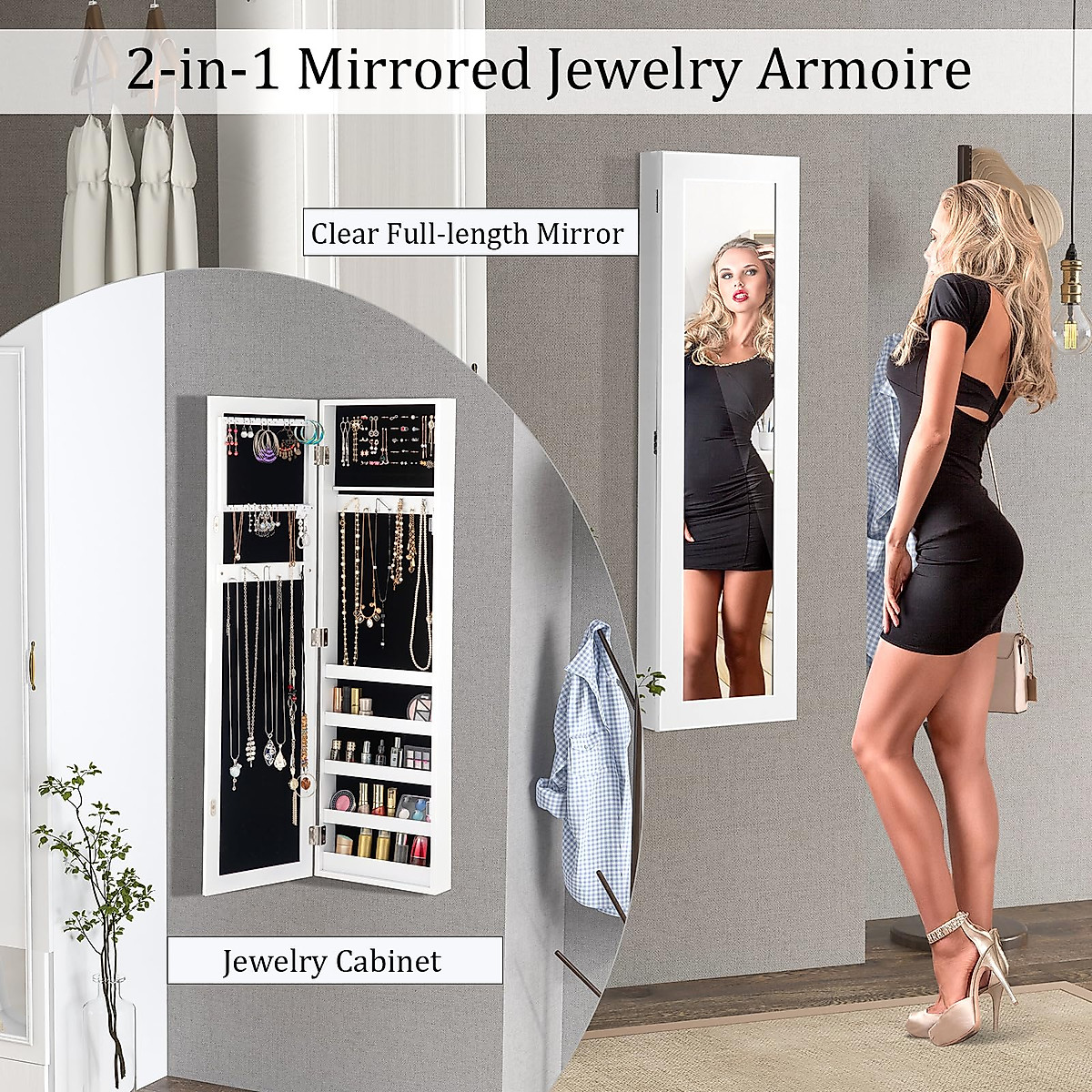 TOMENGBEIAABBCC SPPRANDOM HOMGX Mirrored Wall-Mounted Jewelry Cabinet, Lockable Door Mounted Jewelry Armoires, Full Length Dressing Mirror Jewelry Organizer with 5 Storage Shelves, White