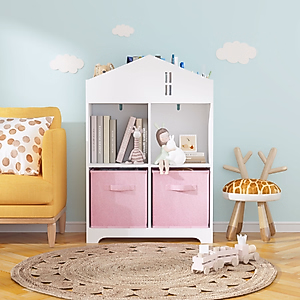 Tzou Kids Dollhouse Bookcase with Storage, Toddler Bookshelf, 2-Tier Storage Display Organizer with 2 Collapsible Fabric Drawers for Boys Girls Bedroom, Playroom House Bookshelf White+Pink