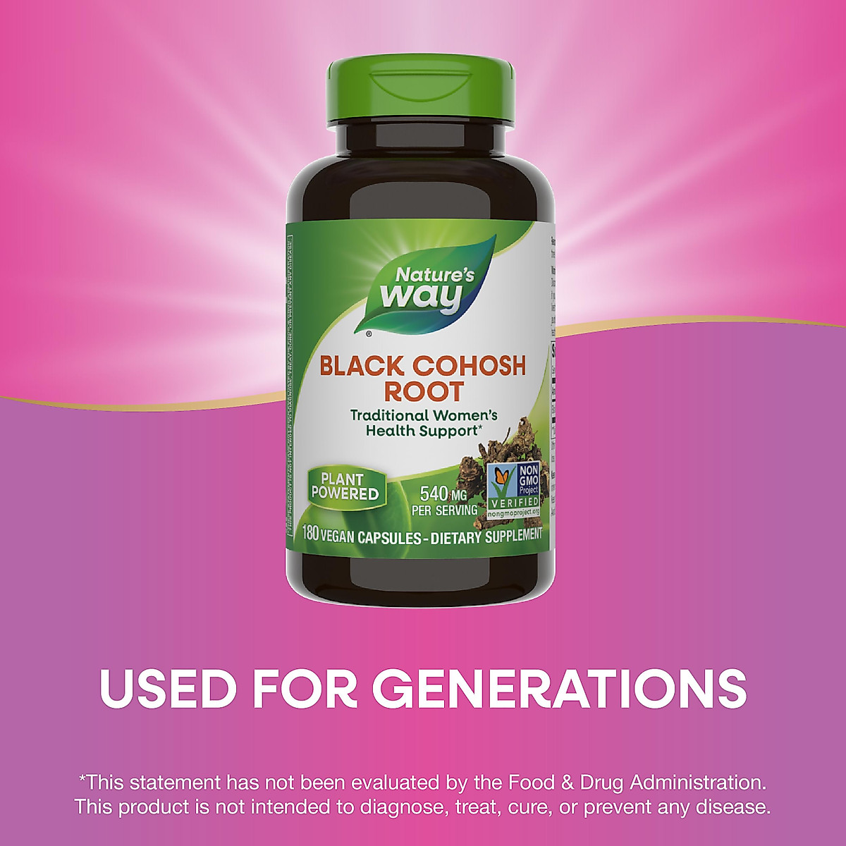 Nature's Way Black Cohosh Root, Traditional Support for Women's Health*, 540 mg per Serving, Non-GMO Project Verified, 180 Capsules (Packaging May Vary)