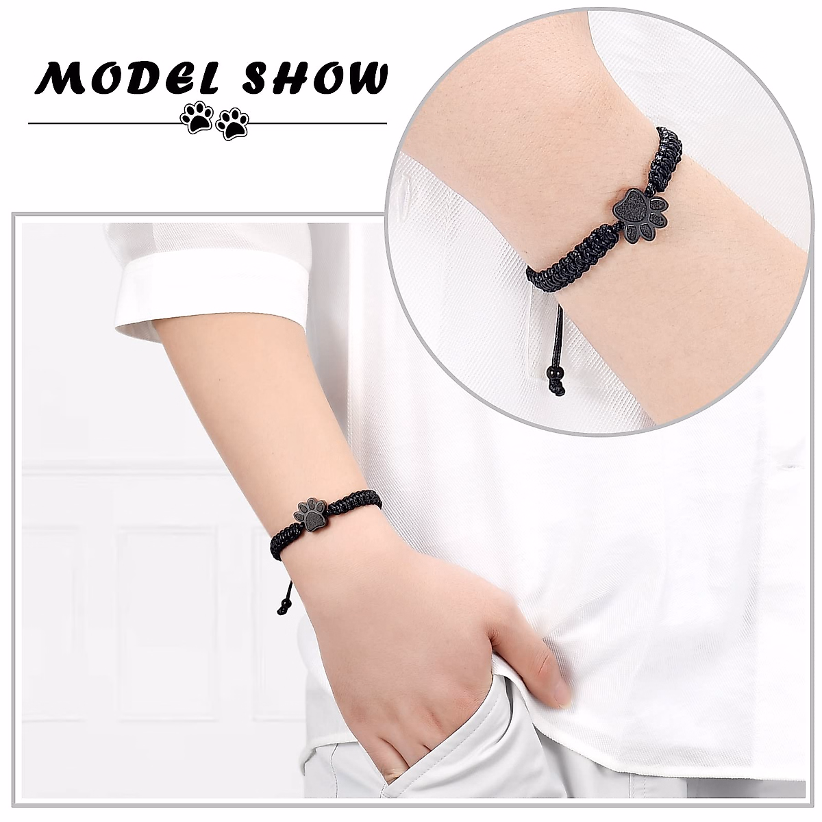 constantlife Cremation Bracelet for Pets Ashes - Dog Paw Pendant Bangle Stainless Steel Memorial Urn Jewelry (Black Rope-2Pcs/Silver+Black)