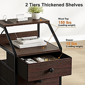 REAHOME Nightstand Set of 2, Brown Night Stands with Charging Station, Bedside Tables with 3 Fabric Drawers and 2-Tier Storage Shelves, Modern Side Table for Bedroom Living Room-Rustic Brown