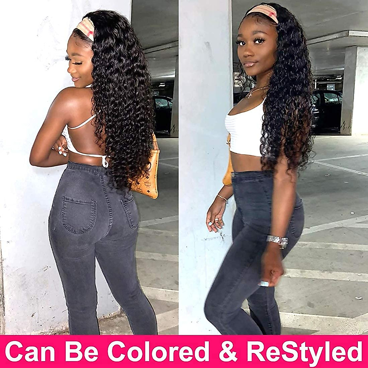Headband Wigs Deep Wave for Black Women 150% Density Brazilian Virgin Human Hair None Lace Front Wigs Machine Made Wigs Glueless Headband Curly Human Hair Wig 18 Inch
