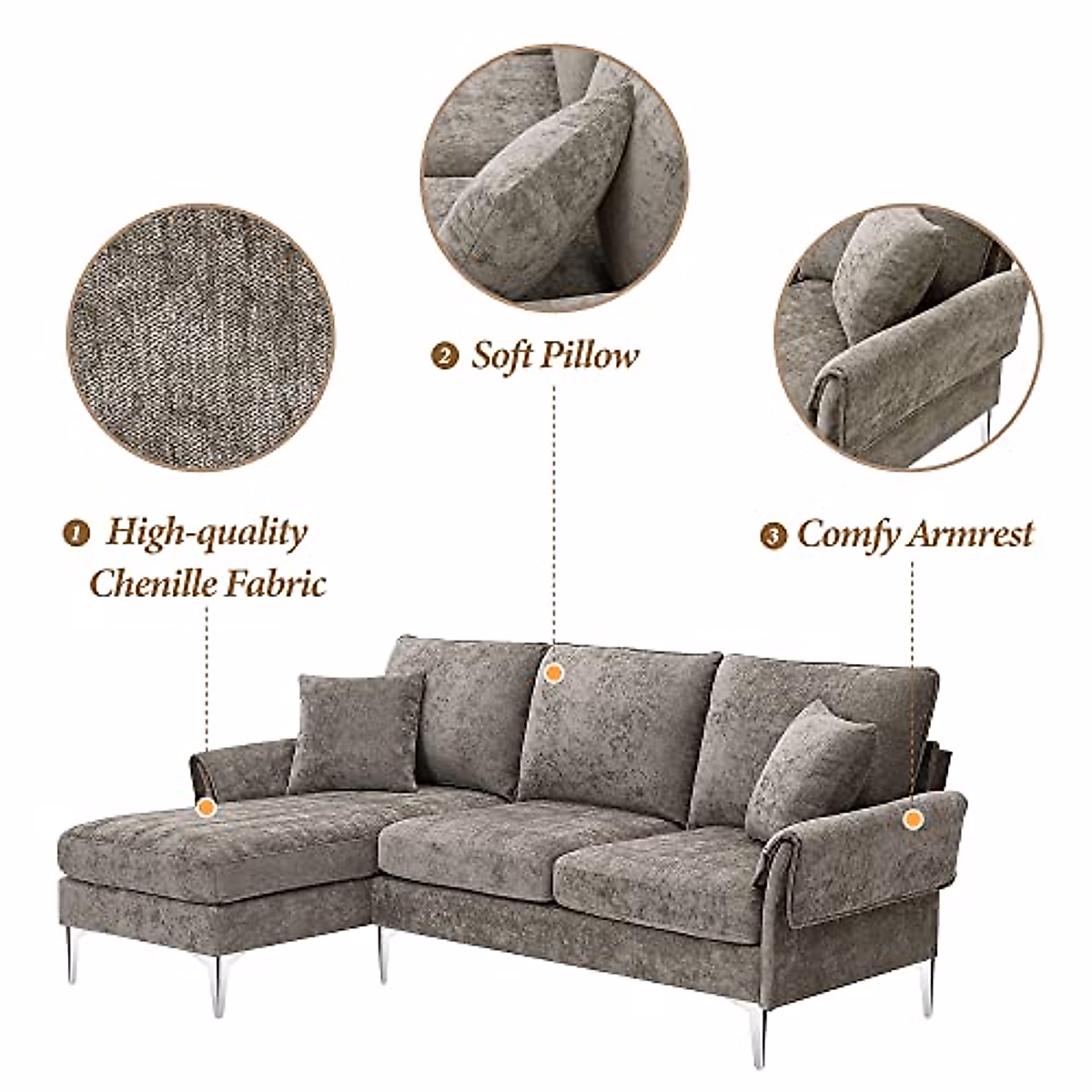 FANYE 84" L-Shaped Upholstered Corner Sectional 3 Seaters Sofa, Modern Chenille Upholstery Metal Legs Couch with Reversible Chaise and 2 Pillows for Home Apartment Office Living Room, Taupe
