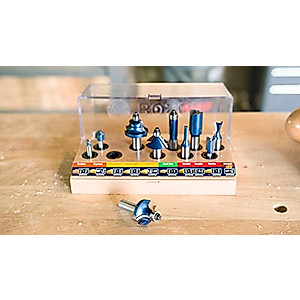 BOSCH RBS010 10-Piece 1/2 In. and 1/4 In. Shank Carbide-Tipped All-Purpose Professional Router Bits Assorted Set with Case for Applications in Straight, Trimming, Decorative Edging, Dovetail Joinery