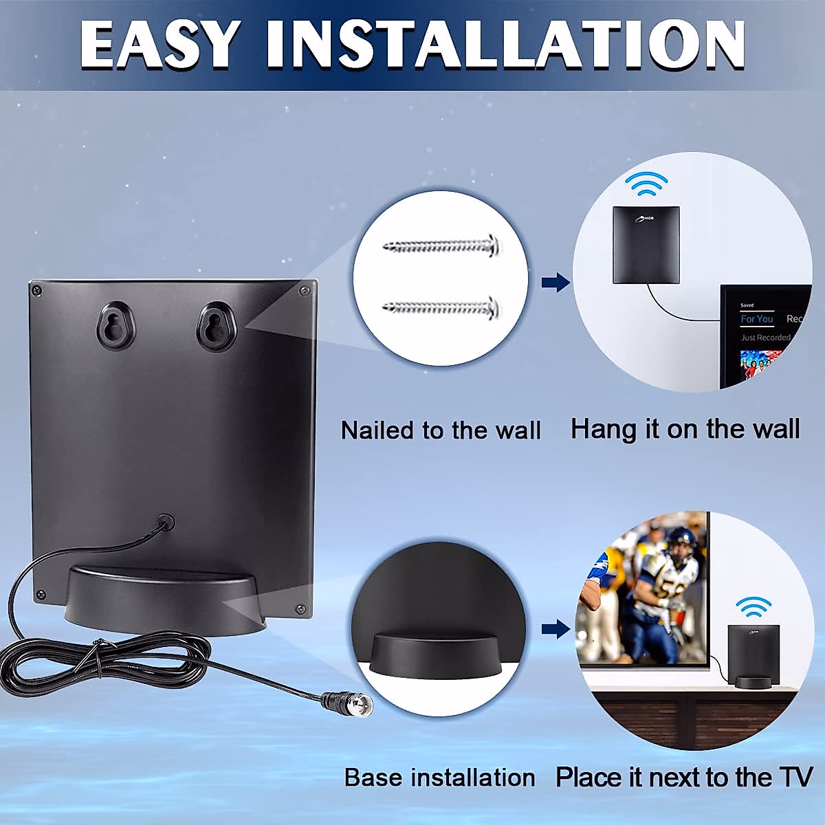 2024 TV Antenna for Smart TV, TV Antenna Indoor Outdoor, Long Range Reception HD Antenna, Digital TV Antenna Supports 4k (Black)