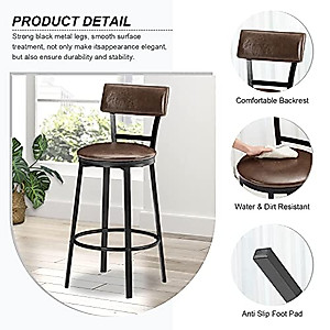 MNEETRUNG Bar Stools Set of 2，Counter Height Bar Stools with PU Leather，28 Inches Modern Barstools with Back and Footrest for Dining Room Kitchen Counter Bar,Brown