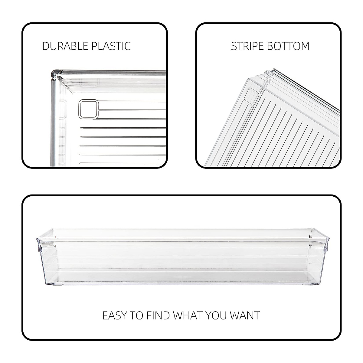 Backerysupply Clear Plastic Drawer Organizer Tray for Vanity Cabinet (9"×3"×2"，Set of 8),Storage Tray for Makeup, Kitchen Utensils, Jewelries, and Gadgets