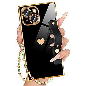 Petitian for iPhone 13 Square Case Loopy Stand/Strap, Luxury Cute Women Girls Heart Electroplated Designer Squared Edge Phone Cases for 13, Black