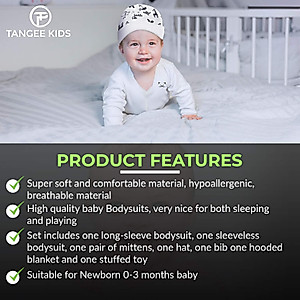 TANGEE KIDS Baby Shower Gift 7 Piece Ivory White (0-3 Months), Newborn Premium Cotton Baby Clothes Boy Girl, Gift Registry, Bodysuits, Bib, Hooded Blanket, Mittens, Hat, Stuffed Toy