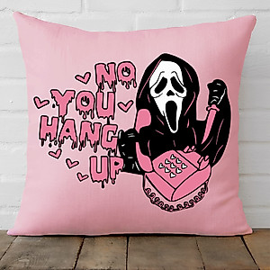 PreLiving 18x18 Inch Pink Throw Pillow Cover - 'No You Hang Up' Funny Horror Ghost Design, Romantic Halloween Day Decor, Soft Pillowcase for Sofa, Bedroom, Car, Birthday Party Supplies