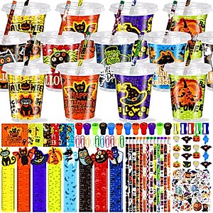 292 Pcs Halloween Party Favors, 24 Packs Stationery Supplies Set with Pencils Erasers Sharpeners Rulers Notepads Stampers Cups, Halloween Treats Goodie Bag Fillers for kids gifts, Classroom Prizes