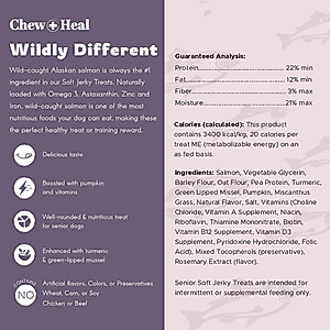 Chew + Heal Labs Seniors Soft Jerky Salmon Dog Treats - 5 oz of Omega Jerky - Dog Joint Supplement with Wild Alaskan Salmon and Turmeric - Made in The USA
