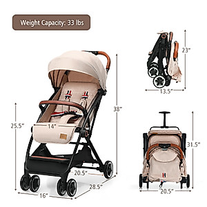 BABY JOY Lightweight Baby Stroller, Compact Toddler Travel Stroller for Airplane, Infant Stroller w/ 5-Point Harness, Adjustable Backrest/Footrest/Canopy, Storage Basket, Easy One-Hand Fold, Beige