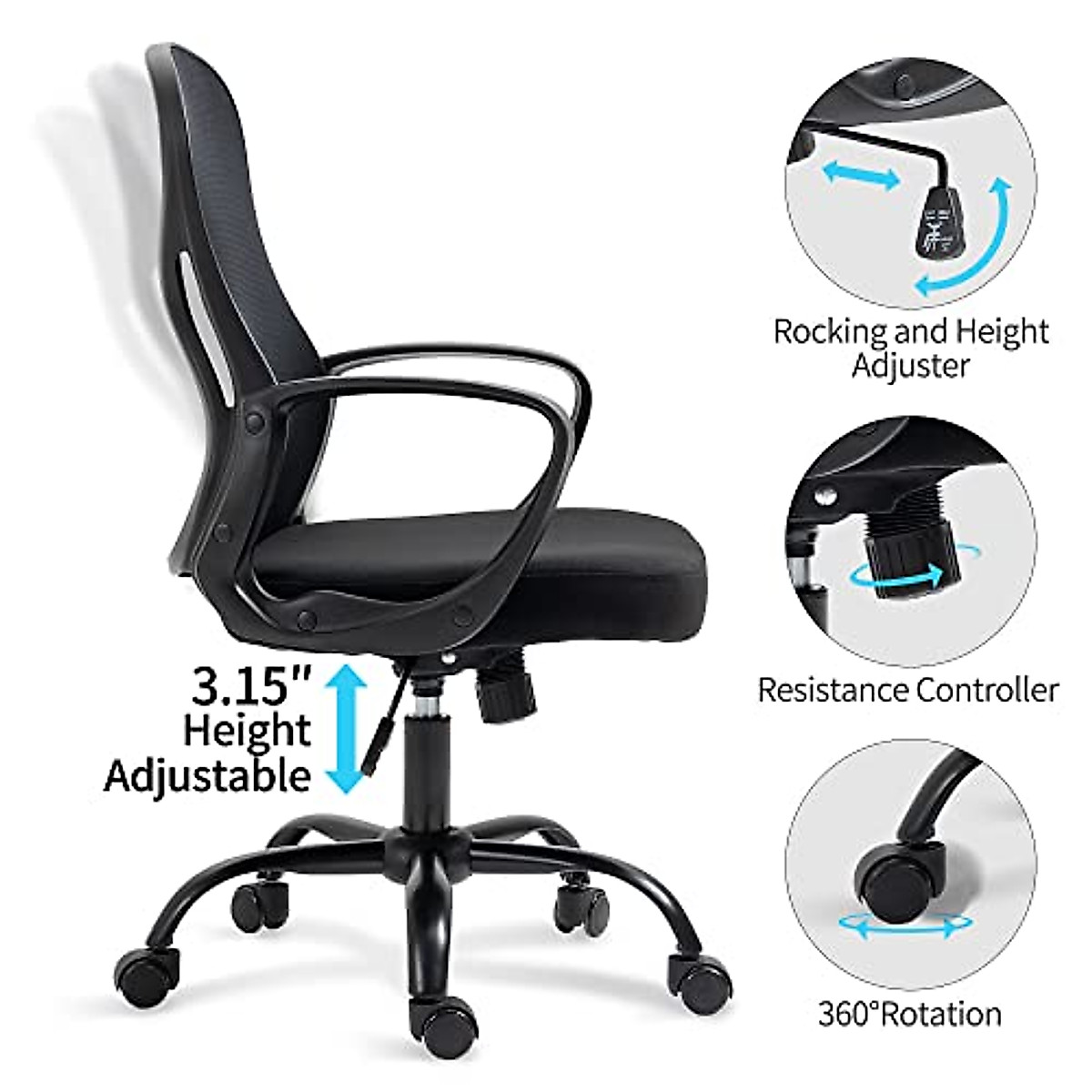 HOMEFUN Office Desk Computer Chair: Black Rolling Chair with Back Support for Adults - Modern Chair with Wheels - Wide Seat Mesh Chair for Study