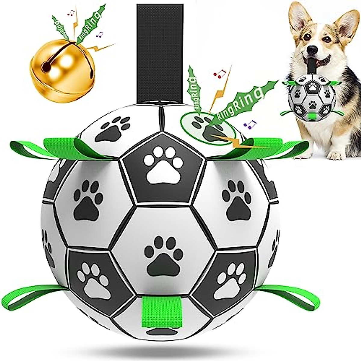 QDAN Dog Soccer Balls Toy with Bell Inside, Outdoor Interactive Dog Toys for Tug of War, Puppy Birthday Gifts, Dog Water Toy, Durable Ropes Squeaky Soccer Dog Ball for Small and Medium Dogs （6 INCH）