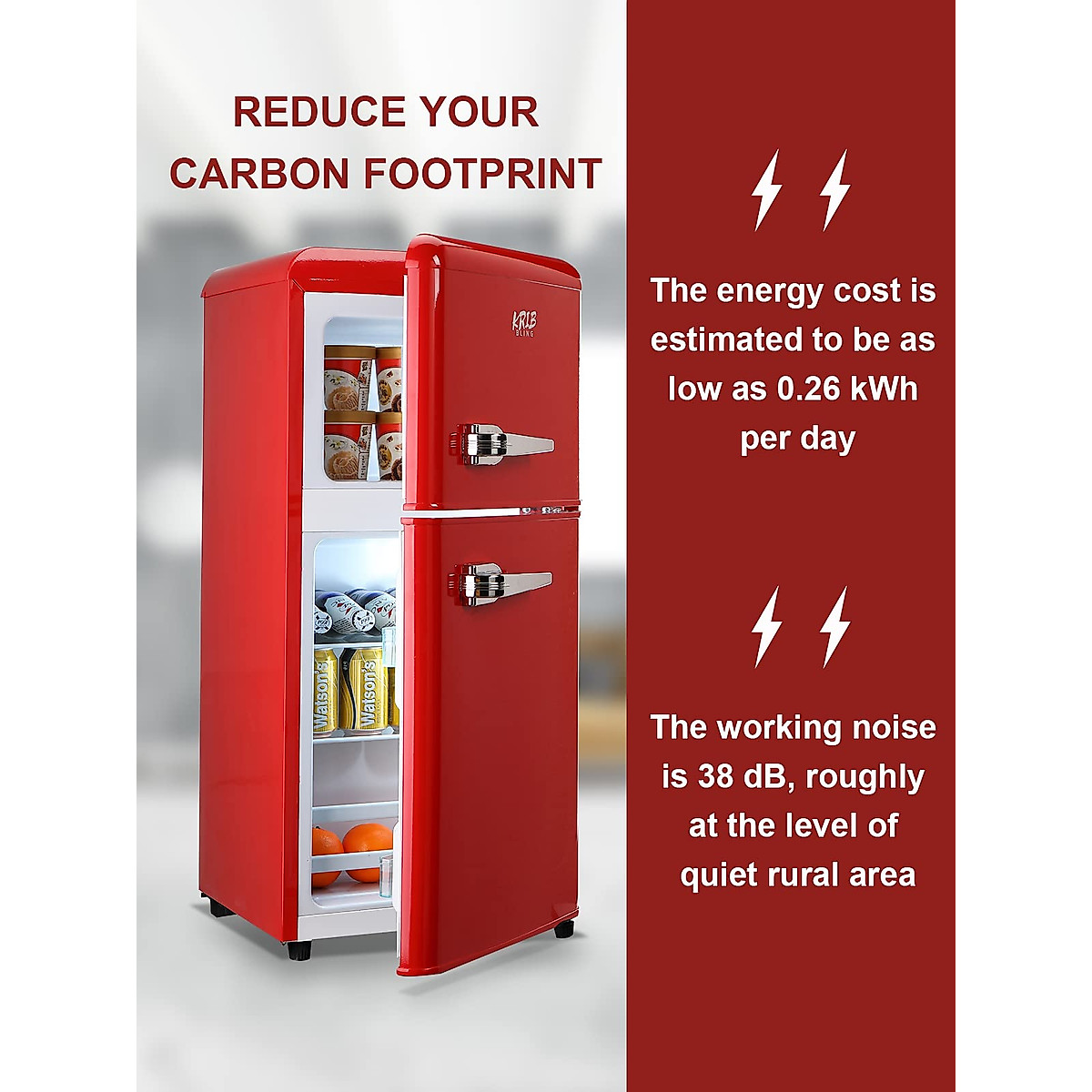 KRIB BLING 3.5 Cu.Ft Refrigerator 2 Door 7 Level Adjustable Thermostat Control Top-Freezer Refrigerator Lock Fresh Energy Saving Red (KB03-FLS-80G-RED)