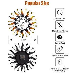 HOBYLUBY 13'' Sun Outdoor Clock, Metal Outdoor Wall Clock Silent Non-Ticking for Patio, Kitchen, Living Room