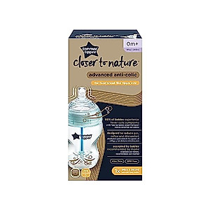 Tommee Tippee Anti-Colic Baby Bottle, Slow Flow Breast-Like Nipple and Unique Anti-Colic Venting System, 9oz, 1 Count, Clear