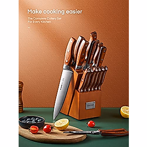 Knipan Kitchen Knife Sets with Block, 16PCS Professional Stainless Steel Forged Chef Knife Block Set, Ultra Sharp Knives with Wood Handle, Brown